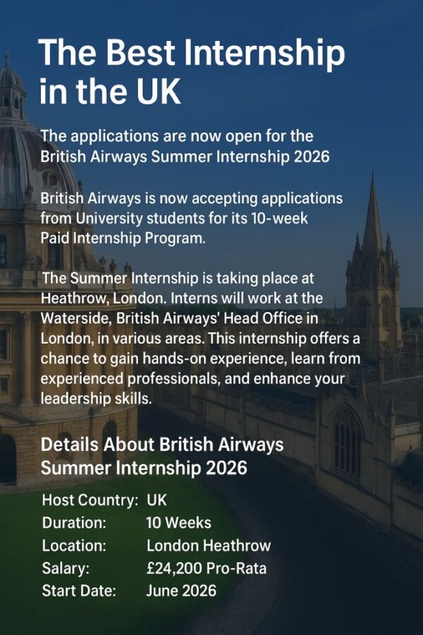 British Airways Summer Internship 2026 in London (PAID)